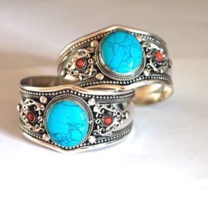 Boho Blue Stabilized Turquoise & Red Coral Adjustable Cuff Bracelet | Unique Jewelry from Nepal