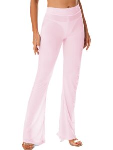 jhaoyu women semi see-through zipper crotch flare yoga pants high waisted bootcut wide leg workout leggings pink one size