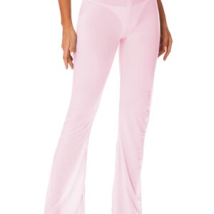 Jhaoyu Women Semi See-Through Zipper Crotch Flare Yoga Pants High Waisted Bootcut Wide Leg Workout Leggings Pink One Size