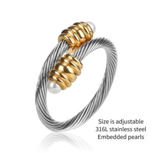 FOCUSTEEL Cable Ring, a Cuff Pearl Ring Designed to Fit Finger Circumference Between 70mm-90mm