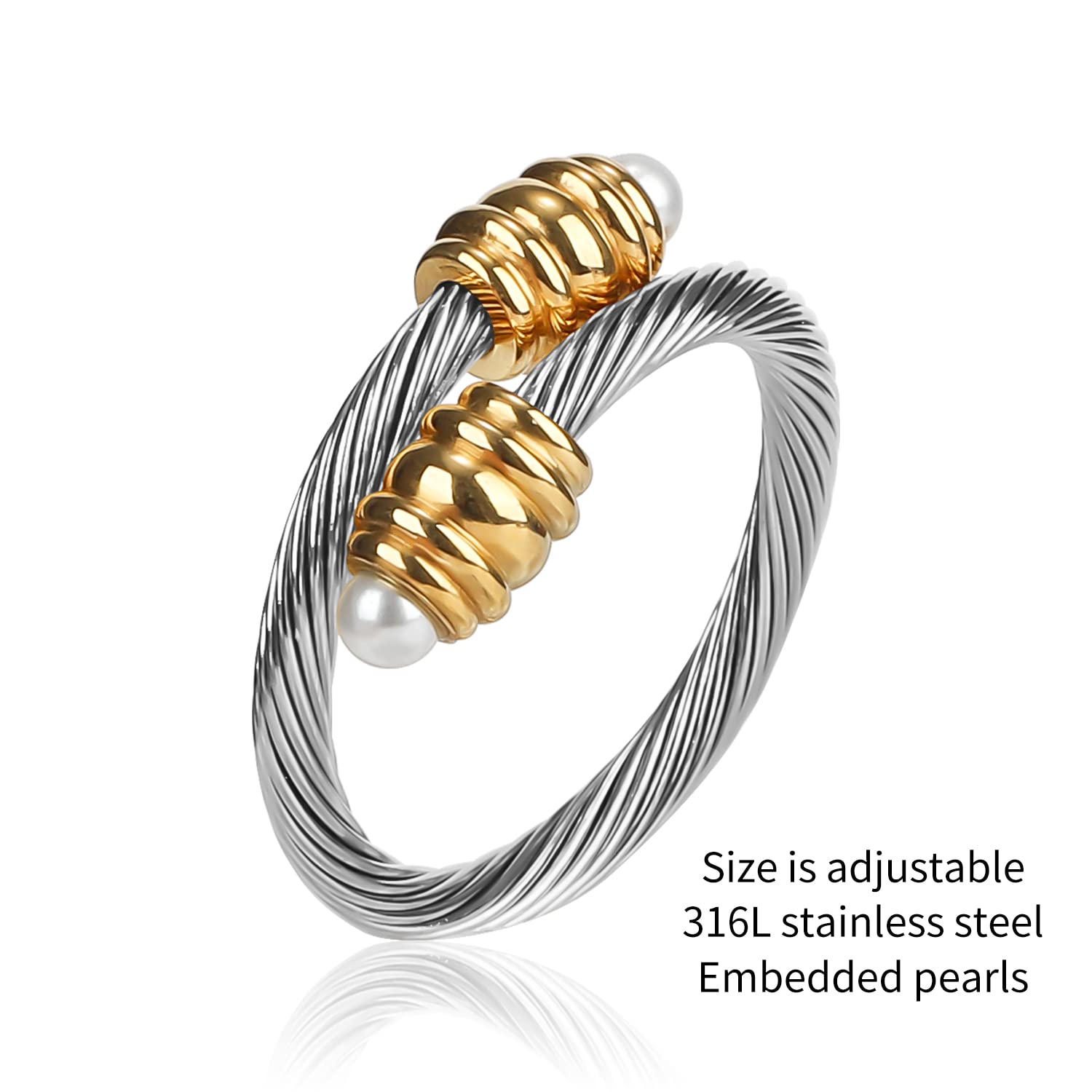 FOCUSTEEL Cable Ring, a Cuff Pearl Ring Designed to Fit Finger Circumference Between 70mm-90mm