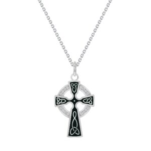 pome celtic cross trinity knot pendant necklace in sterling silver with cz, made in america (22" necklace, black enamel)