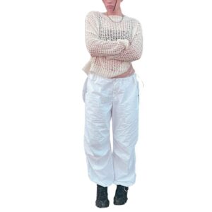 womens baggy cargo pants casual low waist adjustable drawstring joggers sweatpants trousers punk streetwear (white, m)