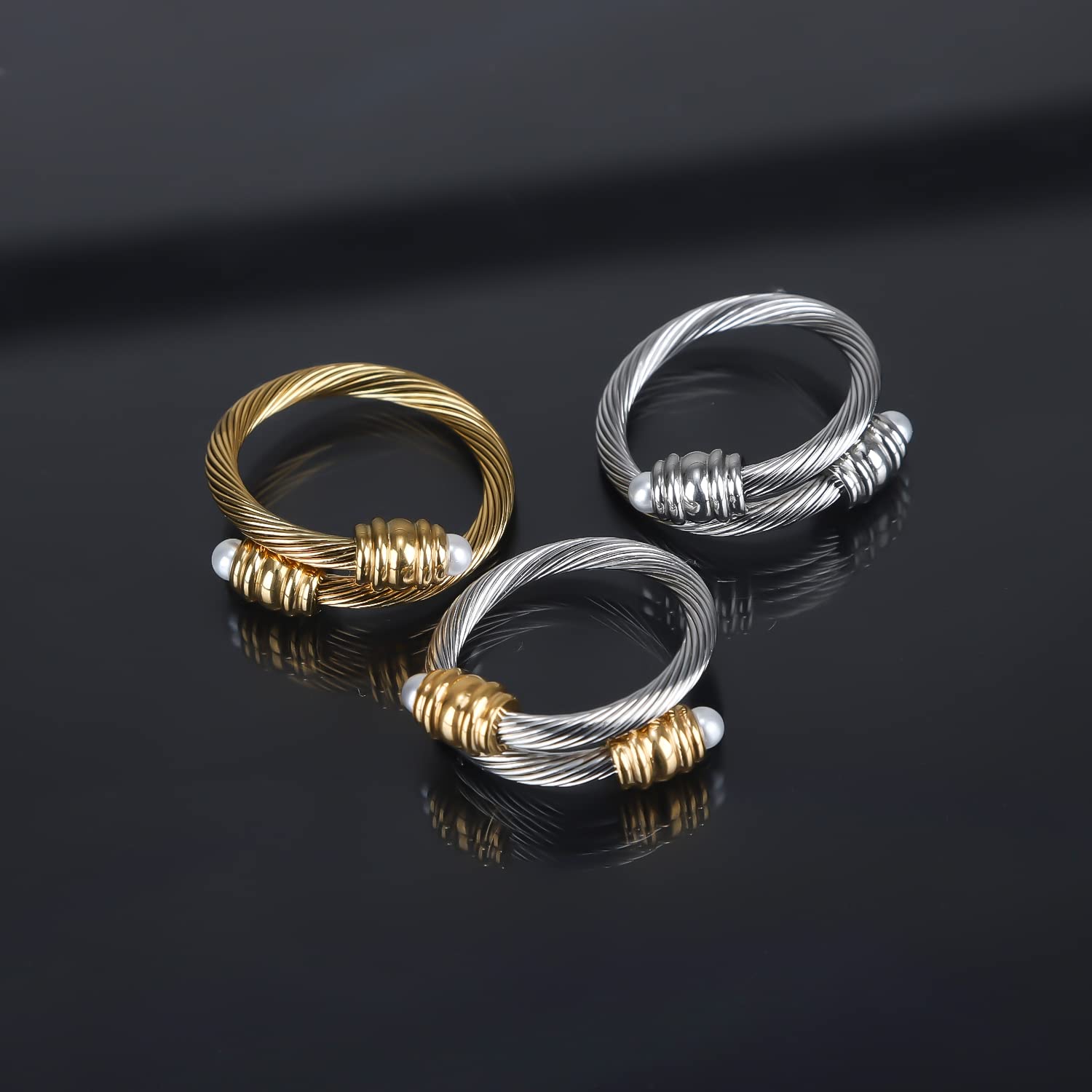 FOCUSTEEL Cable Ring, a Cuff Pearl Ring Designed to Fit Finger Circumference Between 70mm-90mm