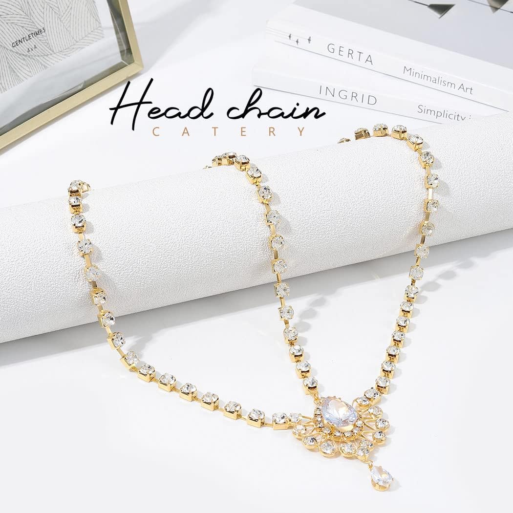 Catery Head Chain Jewelry Crystal Hair Chains Boho Headpiece Pendant Head Chain Hair Jewelry Hair Accessories for Women and Girls (Gold)