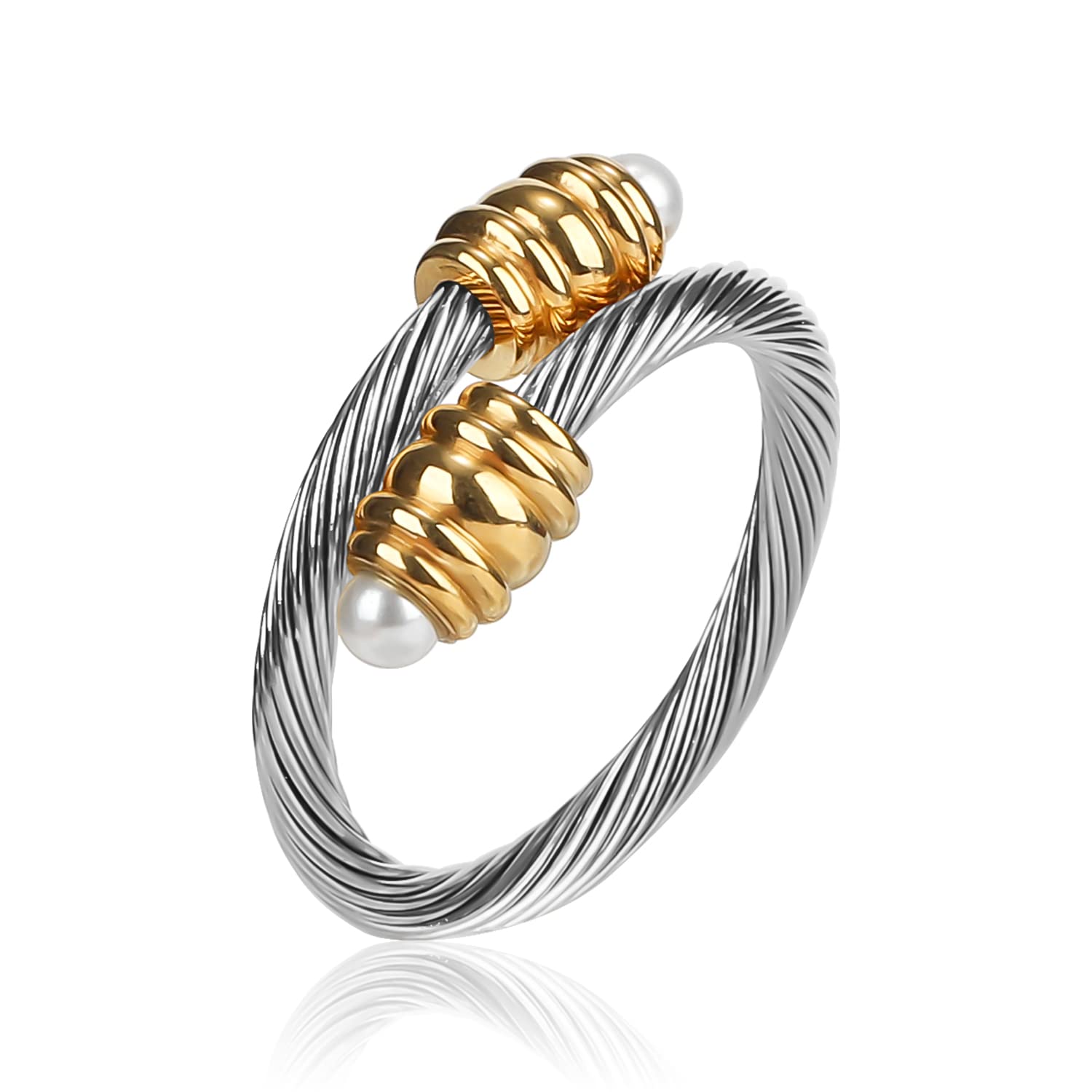 FOCUSTEEL Cable Ring, a Cuff Pearl Ring Designed to Fit Finger Circumference Between 70mm-90mm