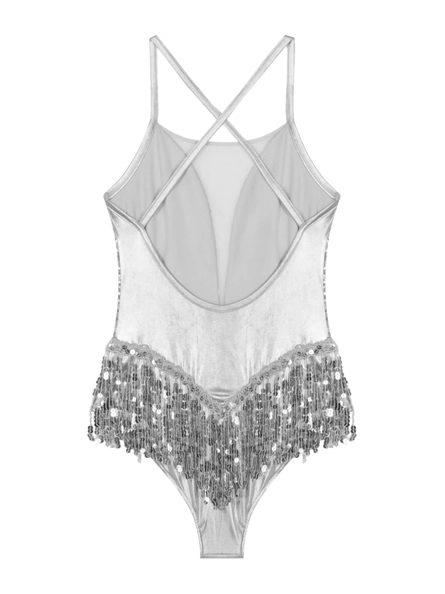 JEATHA Women Sequin Mesh Patchwork Camisole Ballet Leotard Crisscross Back Tassel Hem Gymnastic Dancewear Silver Medium