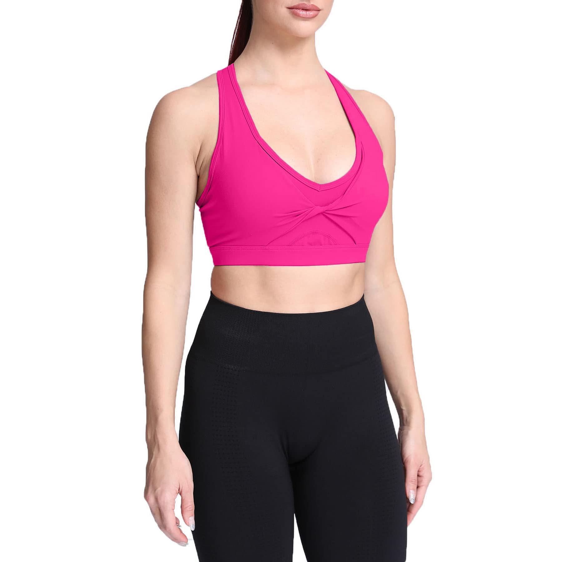 Aoxjox Twist Sports Bras for Women Workout Fitness Training Elegance V Neck Racerback Yoga Crop Tank Top (Rose Red, Small)