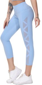 romansong high waisted workout compression capri leggings for women petite skinny mesh gym legings with pockets(light blue,small)