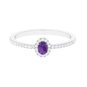 rosec jewels natural amethyst minimal halo ring| 3x5 mm oval| aaa quality| engagement ring for women, 14k white gold, size:us 10.00