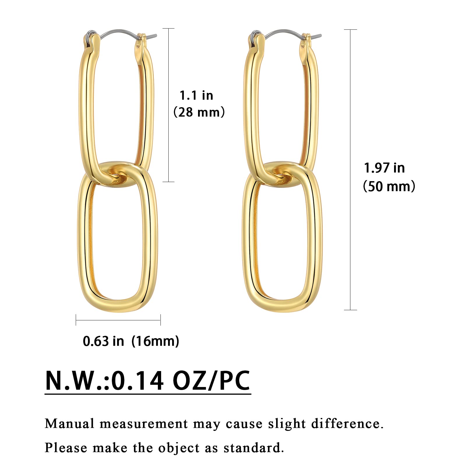 WOWORAMA Gold Chain Link Earrings for Women 14K Gold Long Paperclip Dangle Drop Earrings Double Square Hoop Earrings Minimalist Link Chain Dangling Earrings Jewelry