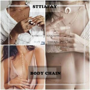 Sttiafay Boho Multilayer Body Chain Silver Leaf Fringe Shoulder Chain Necklace Layered Tassel Shoudler Harness Sexy Bra Chain Statement Shoulder Necklace Ethnic Style Jewelry for Women