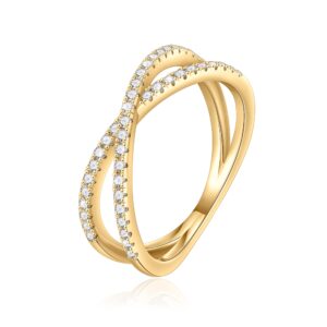 smilest moissanite x eternity rings for women, 18k yellow gold plated 925 sterling silver criss cross ring half eternity ring lab created diamond x wedding band stacking rings for women promise rings