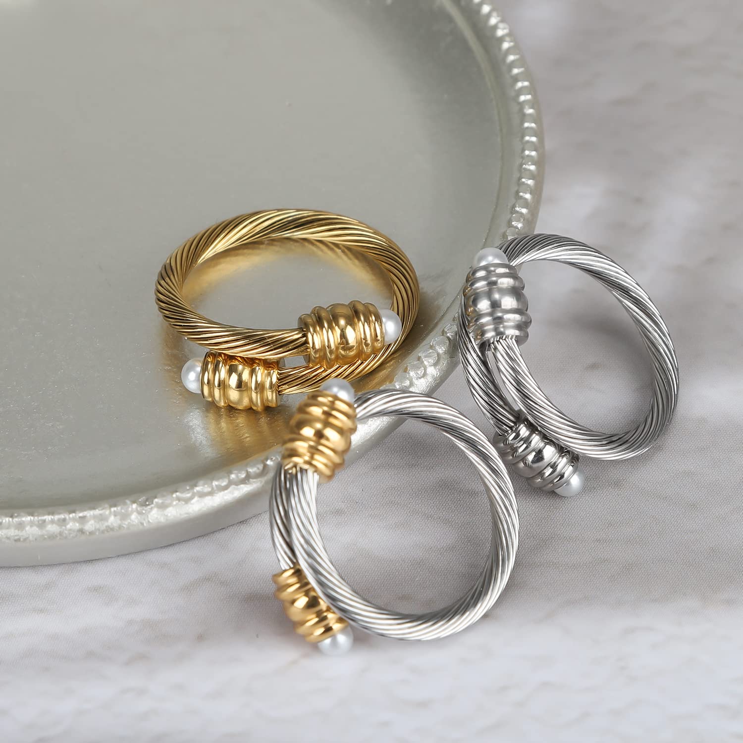 FOCUSTEEL Cable Ring, a Cuff Pearl Ring Designed to Fit Finger Circumference Between 70mm-90mm