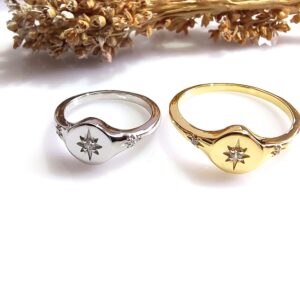 Sterling Silver Signet Ring, Cz Ring, North Star Ring, Polaris Ring, Unique Silver Ring, Star Signet Ring, Starburst Ring, Celestial Ring (White, 5)