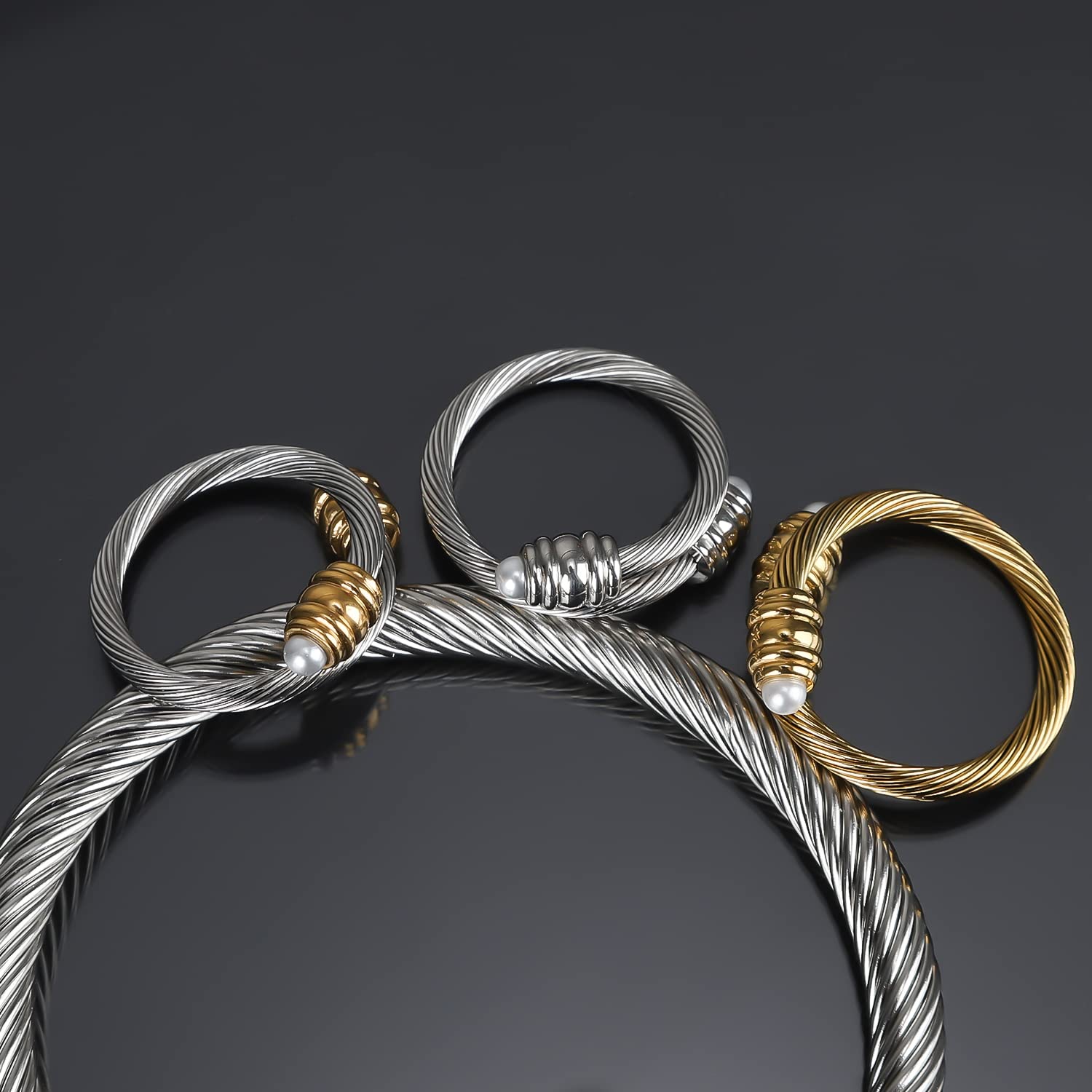 FOCUSTEEL Cable Ring, a Cuff Pearl Ring Designed to Fit Finger Circumference Between 70mm-90mm