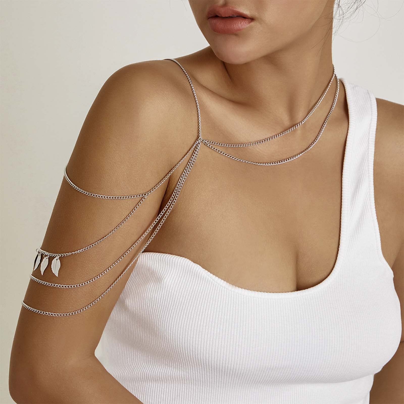 Sttiafay Boho Multilayer Body Chain Silver Leaf Fringe Shoulder Chain Necklace Layered Tassel Shoudler Harness Sexy Bra Chain Statement Shoulder Necklace Ethnic Style Jewelry for Women