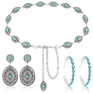 3 pieces western belts for women turquoise chain belt turquoise concho belts metal waist belts silver boho turquoise hoop earrings western turquoise drop statement post earrings jewelry