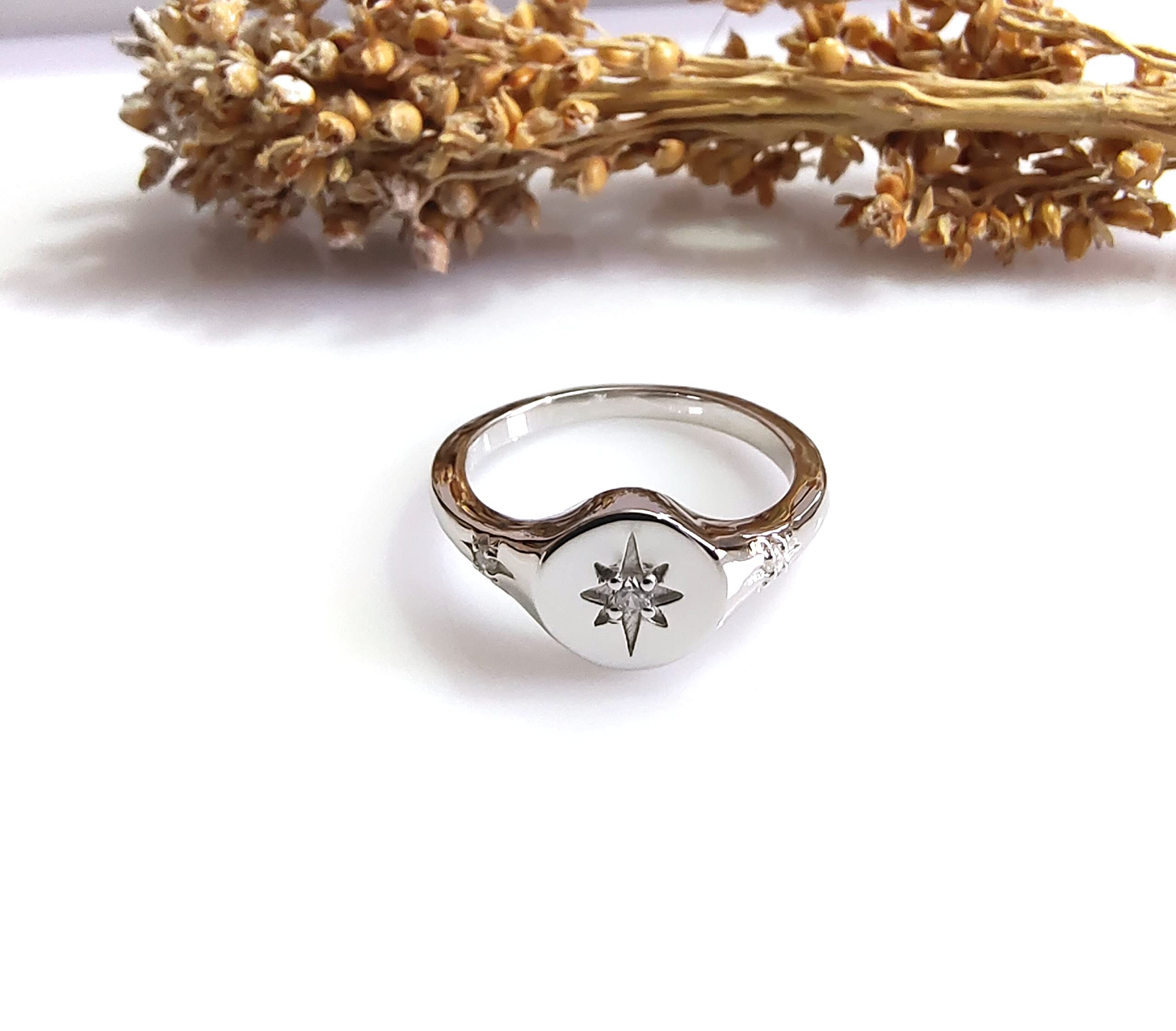 Sterling Silver Signet Ring, Cz Ring, North Star Ring, Polaris Ring, Unique Silver Ring, Star Signet Ring, Starburst Ring, Celestial Ring (White, 5)