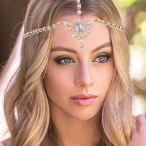 Catery Head Chain Jewelry Crystal Hair Chains Boho Headpiece Pendant Head Chain Hair Jewelry Hair Accessories for Women and Girls (Gold)