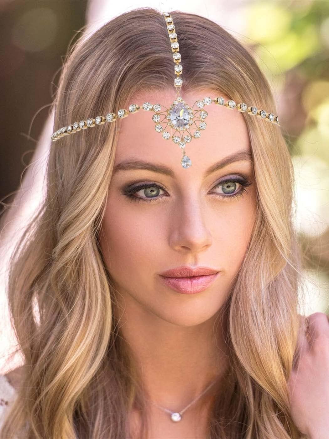 Catery Head Chain Jewelry Crystal Hair Chains Boho Headpiece Pendant Head Chain Hair Jewelry Hair Accessories for Women and Girls (Gold)