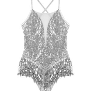 JEATHA Women Sequin Mesh Patchwork Camisole Ballet Leotard Crisscross Back Tassel Hem Gymnastic Dancewear Silver Medium