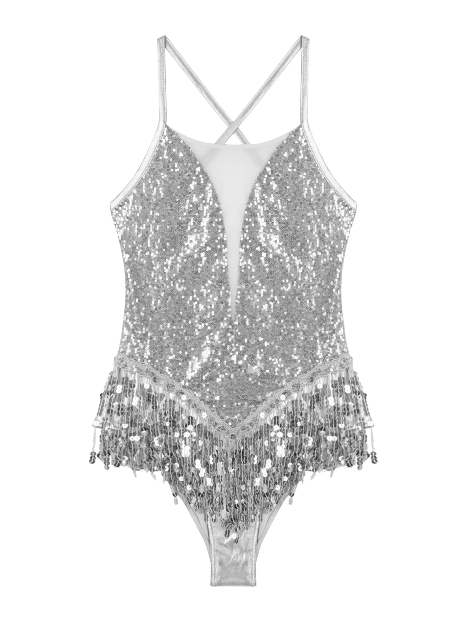 JEATHA Women Sequin Mesh Patchwork Camisole Ballet Leotard Crisscross Back Tassel Hem Gymnastic Dancewear Silver Medium