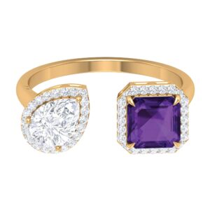 natural amethyst open cuff ring with halo, toi et moi engagement jewelry for women, 14k yellow gold, size:us 6.50