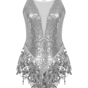 JEATHA Women Sequin Mesh Patchwork Camisole Ballet Leotard Crisscross Back Tassel Hem Gymnastic Dancewear Silver Medium