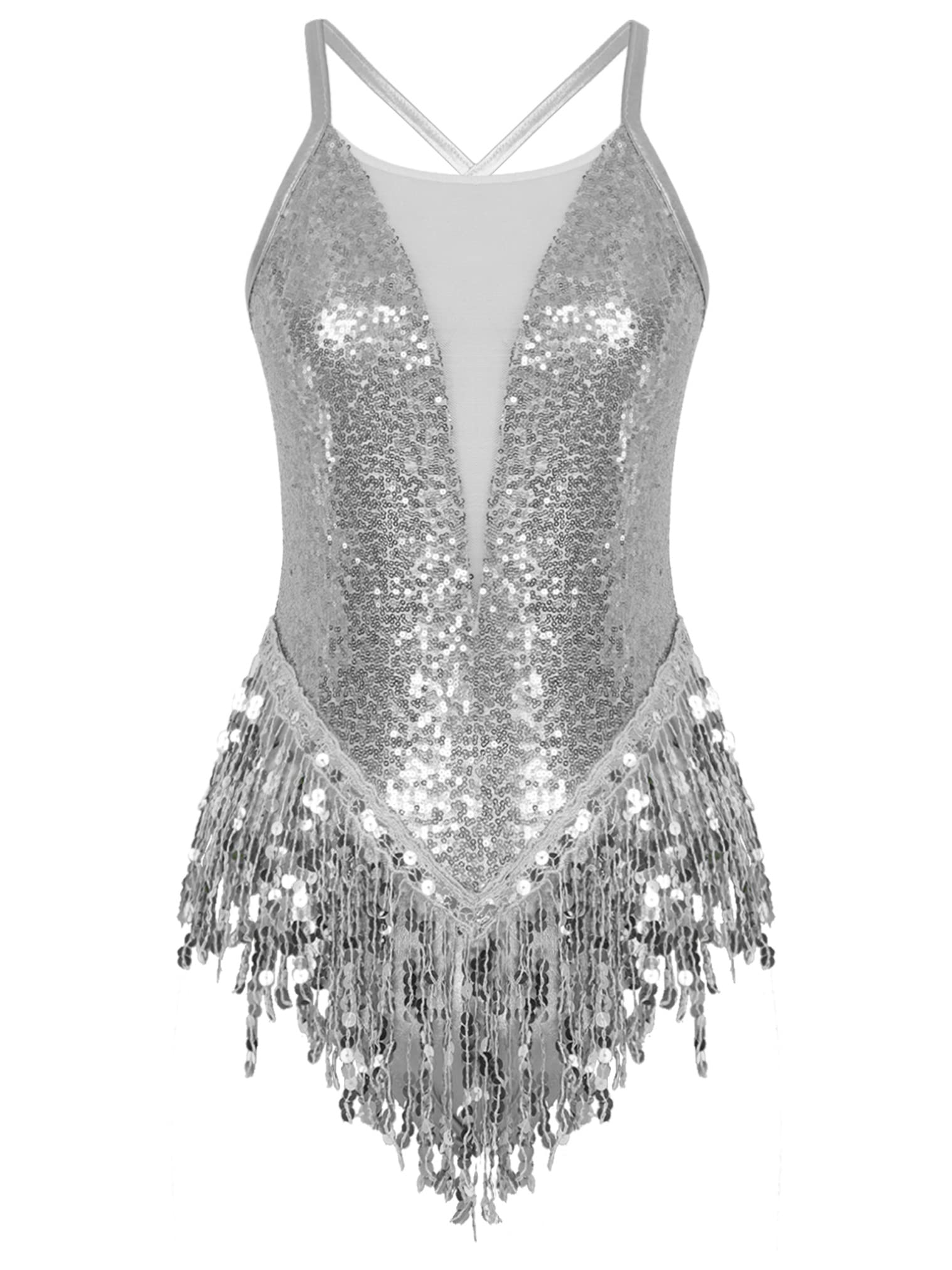 JEATHA Women Sequin Mesh Patchwork Camisole Ballet Leotard Crisscross Back Tassel Hem Gymnastic Dancewear Silver Medium