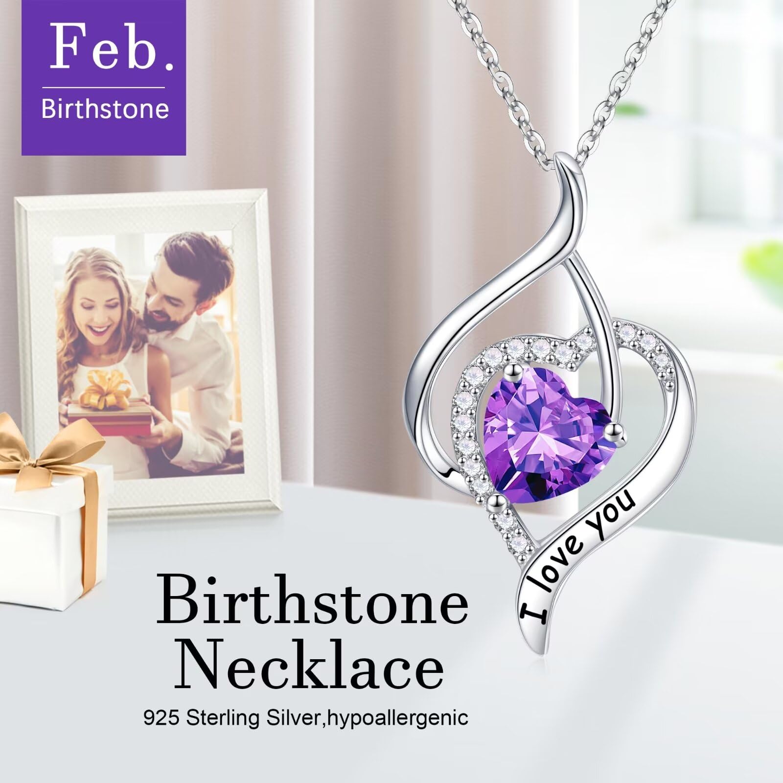 Birthstone Necklace Love Gifts for Women, 925 Sterling Silver Natural or Created Gemstone Heart Birthstone Jewelry I Love You Gift Valentines Mothers Day Anniversary Birthday Christmas Gifts for