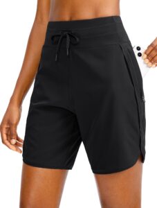 dyorigin women's 7" athletic running shorts with 3 zipper pockets long high waisted shorts women for workout gym hiking(black large)