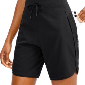 Dyorigin Women's 7" Athletic Running Shorts with 3 Zipper Pockets Long High Waisted Shorts Women for Workout Gym Hiking(Black Large)