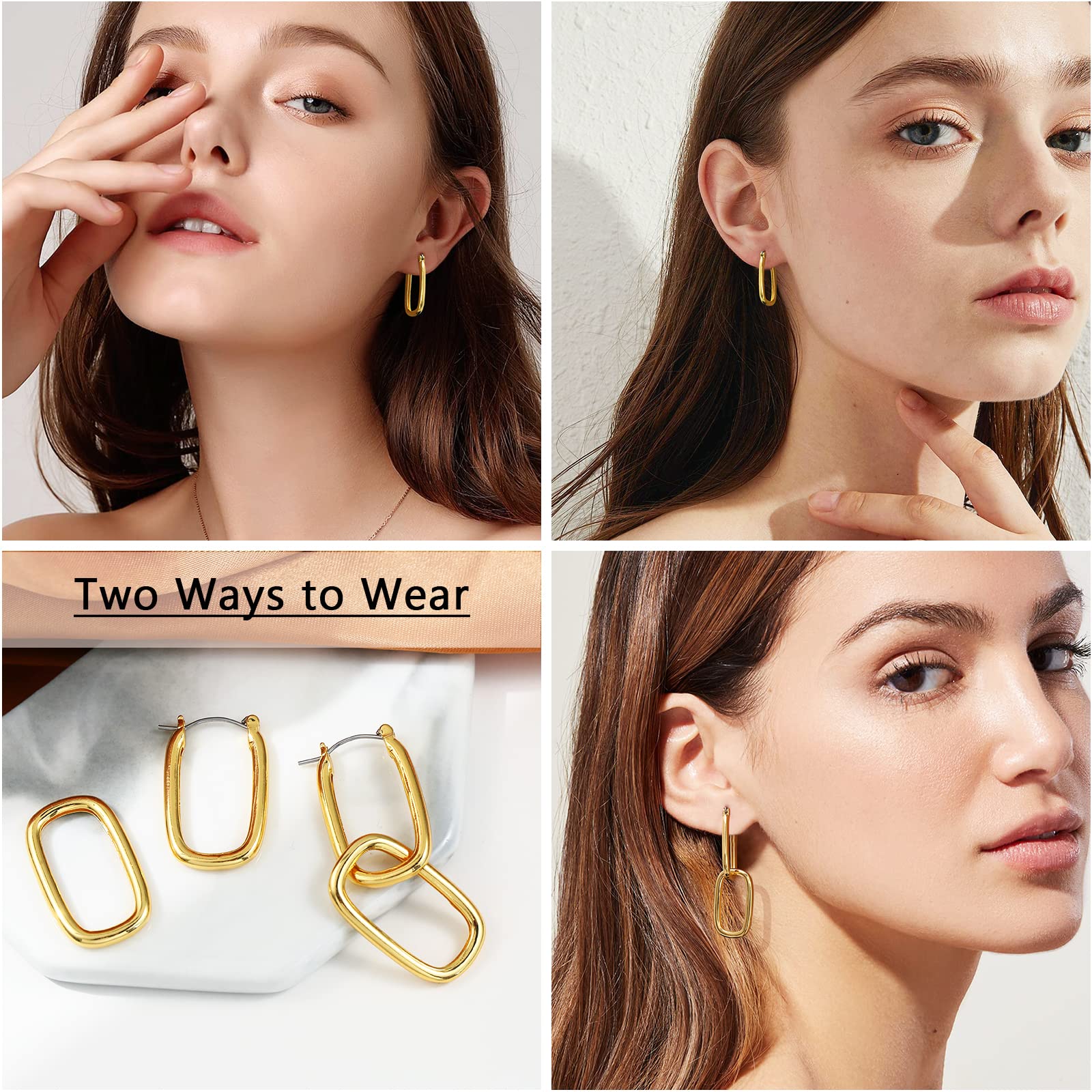 WOWORAMA Gold Chain Link Earrings for Women 14K Gold Long Paperclip Dangle Drop Earrings Double Square Hoop Earrings Minimalist Link Chain Dangling Earrings Jewelry