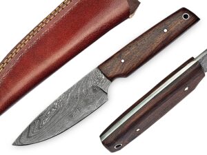 handmade full tang damascus steel fixed blade knife, hunting knives bushcraft knife- skinning knife-edc with rose wood handle and real leather sheath