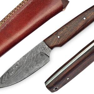 Handmade Full Tang Damascus Steel Fixed blade Knife, Hunting Knives Bushcraft knife- Skinning Knife-EDC With Rose Wood Handle and Real Leather Sheath