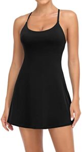 workout tennis dress for women with built-in bra shorts, adjustable shoulder straps and pockets black