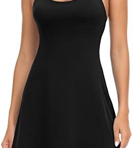 Workout Tennis Dress for Women with Built-in Bra Shorts, Adjustable Shoulder Straps and Pockets Black