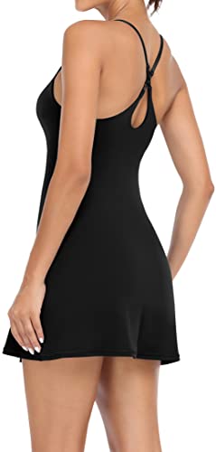 Workout Tennis Dress for Women with Built-in Bra Shorts, Adjustable Shoulder Straps and Pockets Black