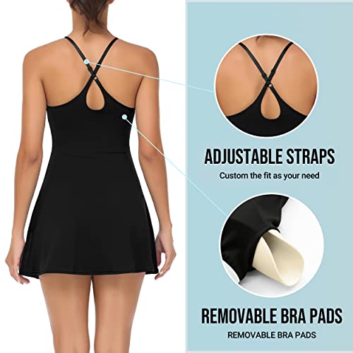 Workout Tennis Dress for Women with Built-in Bra Shorts, Adjustable Shoulder Straps and Pockets Black