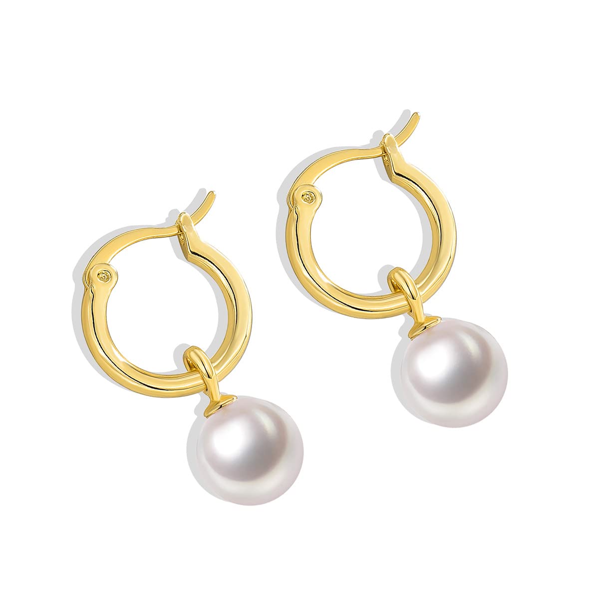 Pearl Hoop Earrings for Women 14k Gold Plated Pearl Dangle Small Hoop Earrings with 925 Sterling Silver Post (Gold)