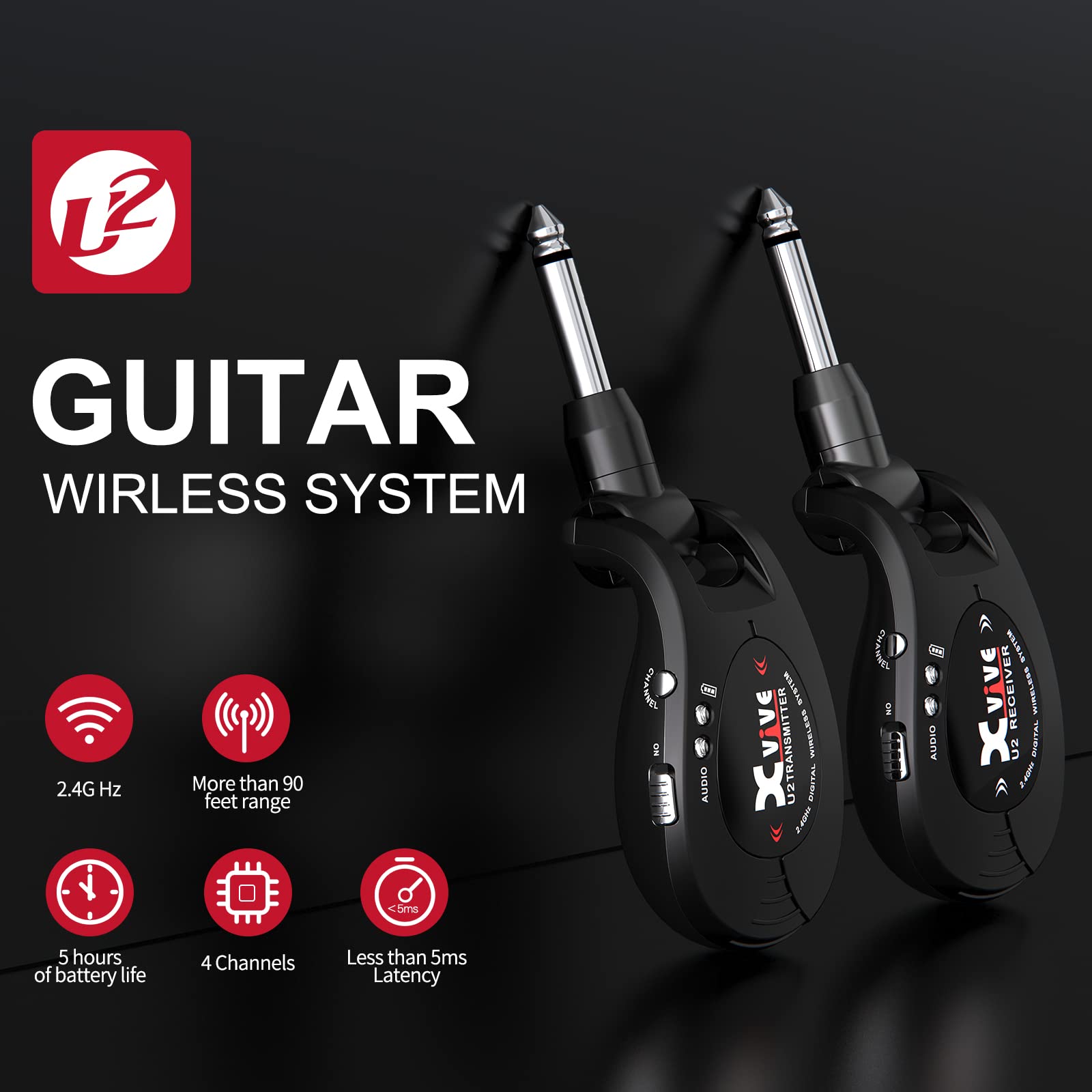 Xvive U2 Guitar Wireless System with Transmitter and Receiver for Electric Guitars, Bass, Violin (Black)