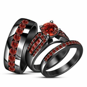 14k black gold over round cut red garnet 925 sterling silver diamond wedding bridal trio ring set for his & her