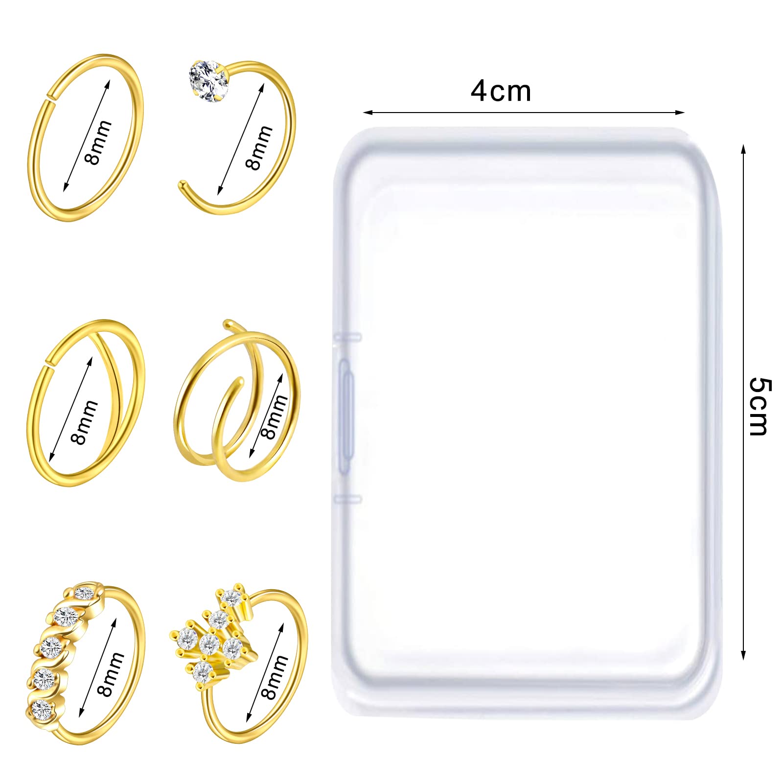 ONESING 14 PCS 20G Nose Rings for Women Nose Piercings Jewelry Gold Nose Rings Hoops Nose Studs Screw for Women Men, Stainless Steel, cubic zirconia