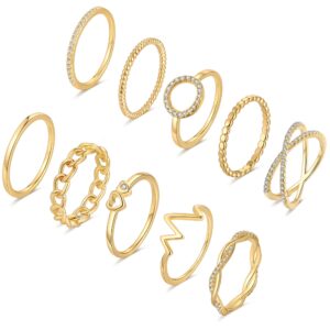 kohota 10pcs 14k gold plated rings for women gold stackable knuckle rings set cute dainty silver stacking band ring pack simple heart zirconia wedding promise eternity rings size 5-12