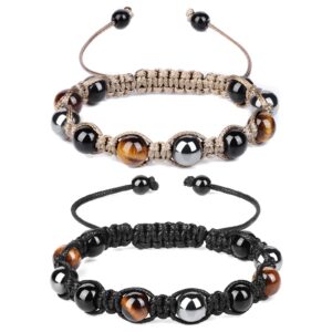 vinswet triple protection bracelet,genuine tigers eye black obsidian and hematite beads bracelet for men women,handmade crystal healing bracelets bring luck and prosperity and happiness