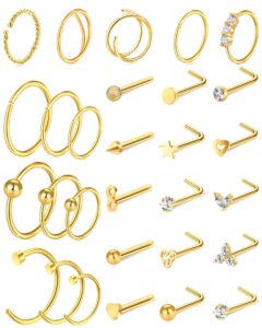 onesing 29 pcs gold nose rings for women 20g nose piercings with nose rings hoops l shaped nose screw surgical stainless steel nose studs cz heart star hypoallergenic nostril nose piercing jewelry