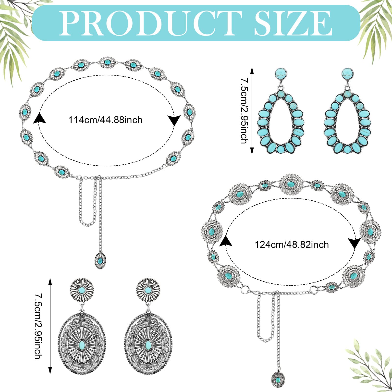 4 Pcs Turquoise Concho Chain Belt with Bohemian Dangle Metal Large Oval Earring, Women Concho Adjustable Belts Western Turquoise Earrings for Women