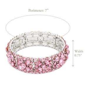 Lavencious Round Shape Rhinestones Elastic Stretch Bracelet Party Jewelry for Women 7"(Silver Pink)