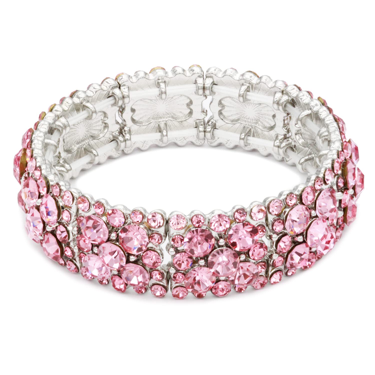 Lavencious Round Shape Rhinestones Elastic Stretch Bracelet Party Jewelry for Women 7"(Silver Pink)